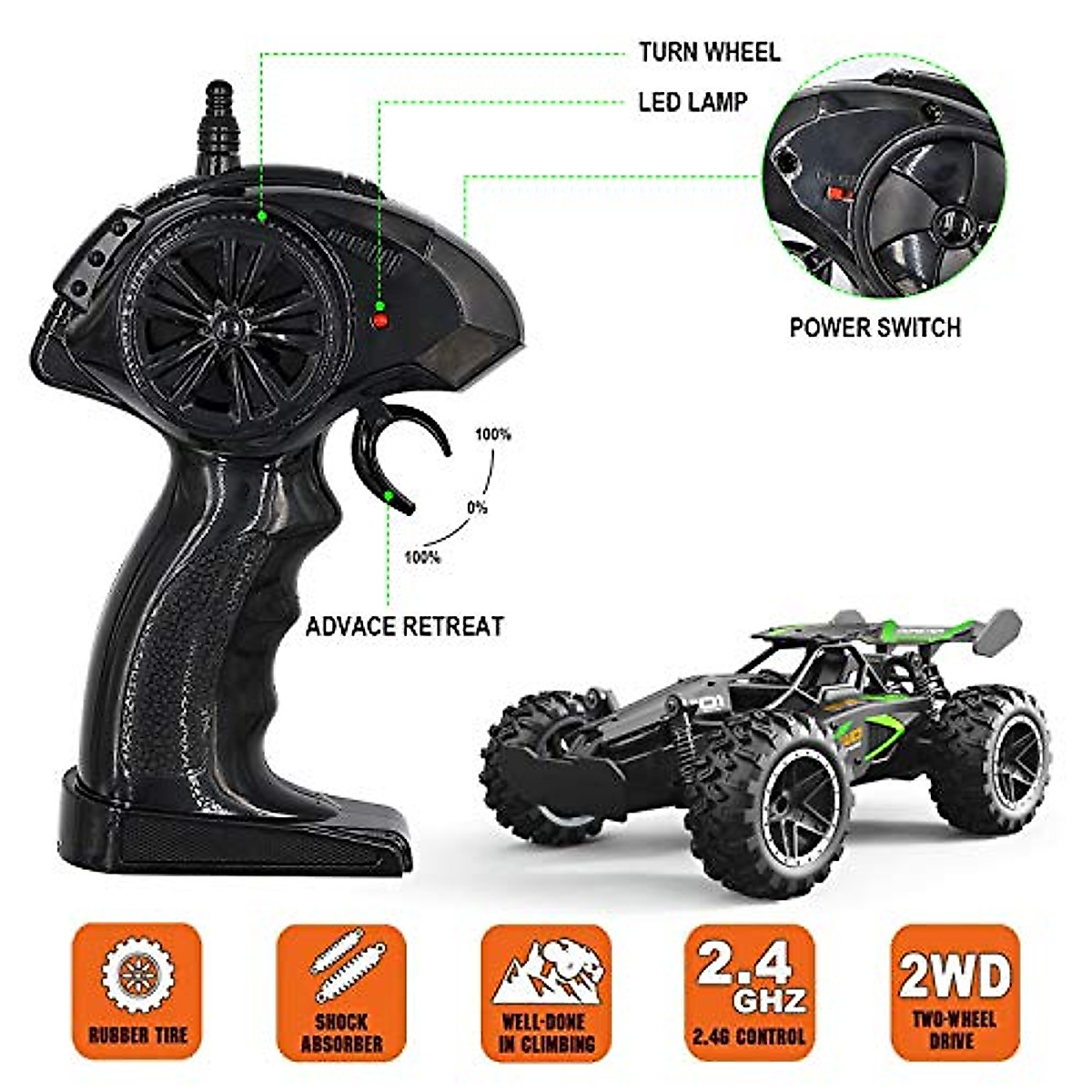 DoDoMagxanadu Remote Control RC Cars, 1:18 2WD Monster RC Truck High Speed Racing Car, Easter Basket Stuffers Toy Cars for Boys and Girls Gifts for Kids(Black Green)