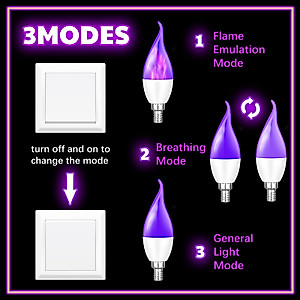 VIHOSE 4 Pcs E12 LED Flame Light Bulbs 3 Mode Flickering Fire Light Bulb E12 Candelabra Chandelier Base Candle Flame Lamp Halloween Christmas Party Porch Indoor Outdoor, 1.2 W, 1800 K(Purple, Orange)