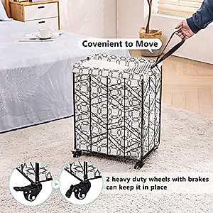 TECHMILLY Rolling Laundry Basket with Lockable Wheels, Large Laundry Hamper with Wood Lid, Metal Laundry Basket Organizer with Detachable Liner, Collapsible Clothes Hamper with Rope Handle, White