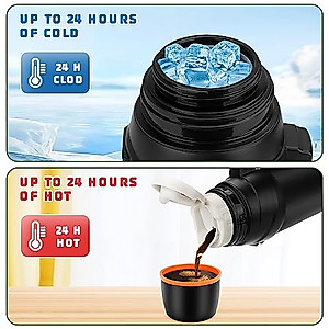 Beyoung 2000ML Large Coffee Thermoses for Cold & Hot, Portable 304 Stainless Steel Classic Vacuum Bottle with Plastic Cup and Hidden Strap for Sports Hiking Fishing (Black)