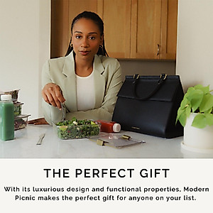 Modern Picnic Vegan Leather Lunch Bag for Women, Cooler Lunch Bag for Girls, Easily Wipeable, Adjustable Shoulder Strap, Women’s Lunch Bags for Work/Office/Outdoor, Black As Seen on Shark Tank