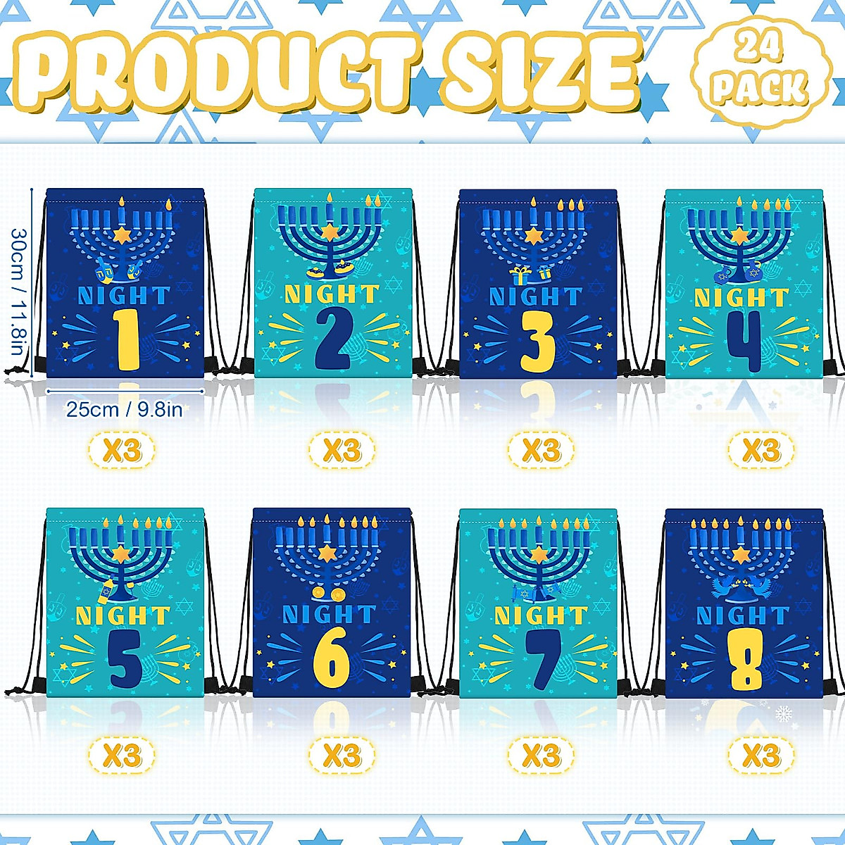 24 Pcs 8 Nights of Hanukkah Gift Bags Drawstring Countdown Calendar Goodies Bag Hanukkah Bag Dreidel Menorah Treat Bags for Kids Jewish Chanukah Wedding Bridal Shower Birthday Decorations