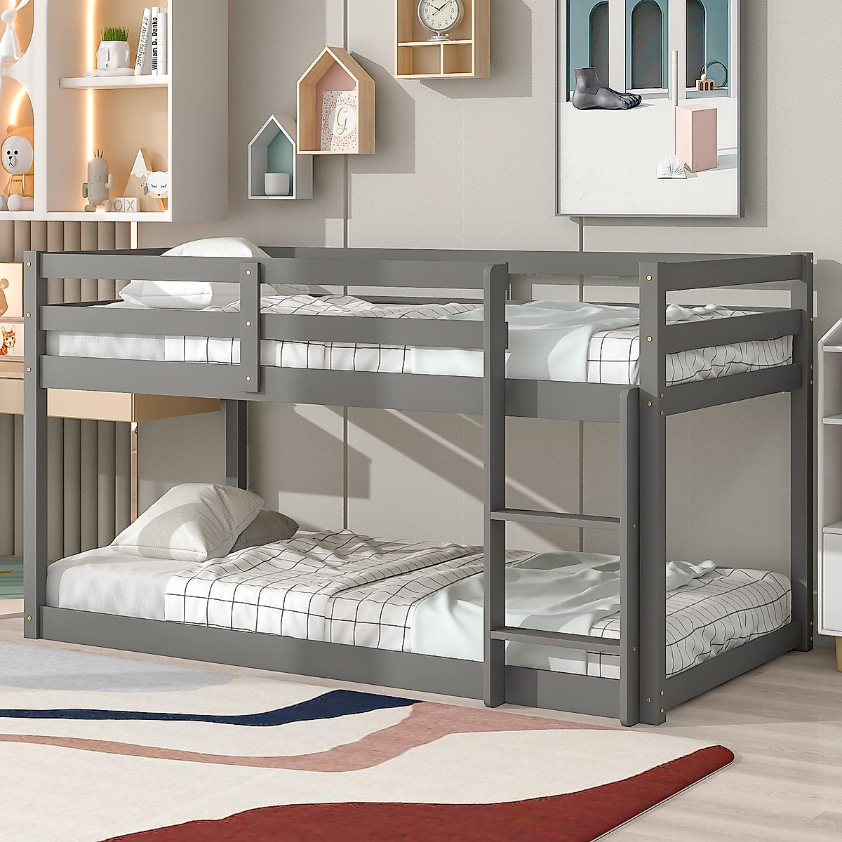 Bunk Beds Twin Over Twin, Wood Kids Low Bunk Bed with Guard Rails, Ladder for Young Children Boys Girls Dormitory Bedroom, No Box Spring Needed (Grey)