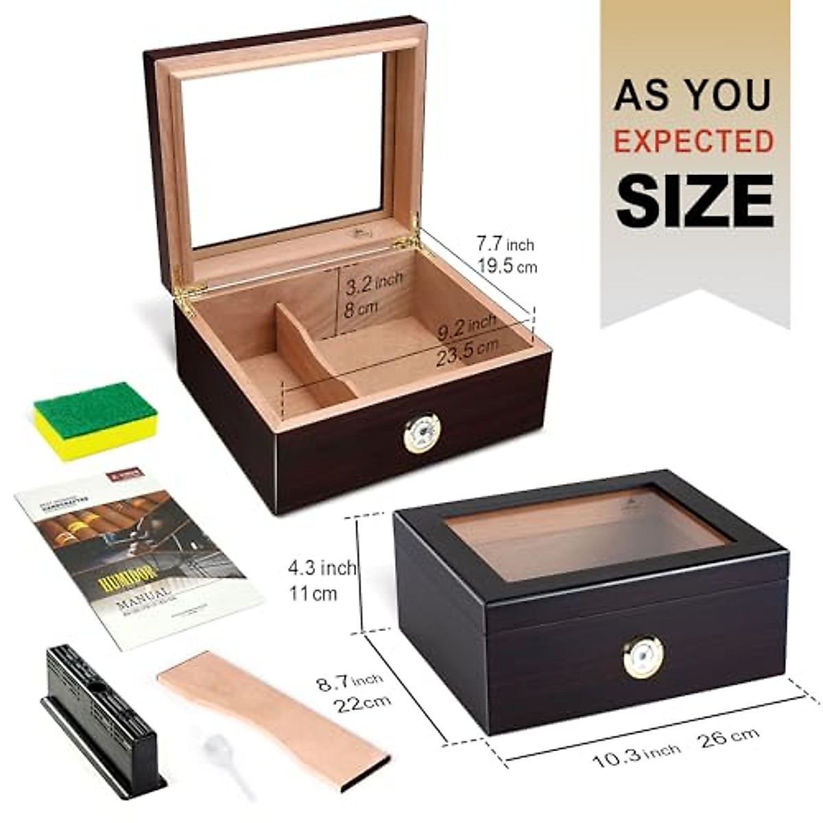 Slege Cigar Humidor,Humidor Cigar Box for Cuban Cigars,Glass-Top Humidor Spanish Cedar-Cigar Case,Humidifier,Divider,Hygrometer