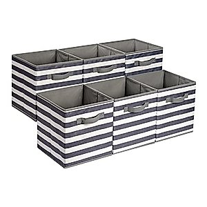 Amazon Basics Collapsible Fabric Storage Cubes Organizer with Handles, 10.5"x10.5"x11", White/ Light Grey Stripe - Pack of 6