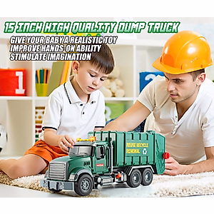 ANJARU 15" Garbage Truck Toy,Dump Friction Powered Waste Management Recycling Trash Truck with Lights &Sounds,3 Trash Can Lifter Gifts Toddler Toys for 3 + (Garbage Truck)