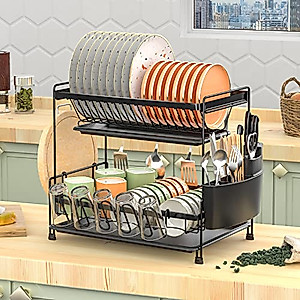 Semounva Dish Drying Rack, 2 Tier Large Capacity Dish Rack and Drainboard Set, Rustproof Dish Drainer with Cup Holder, Utensil Holder, Cutting Board Holder for Kitchen Counter