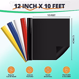 YRYM HT HTV Heat Transfer Vinyl Rolls - 12" x 10ft Black HTV Vinyl for Shirts, Iron on Vinyl for Cricut & All Cutter Machines - Easy to Cut & Weed for Heat Vinyl Design (Black)