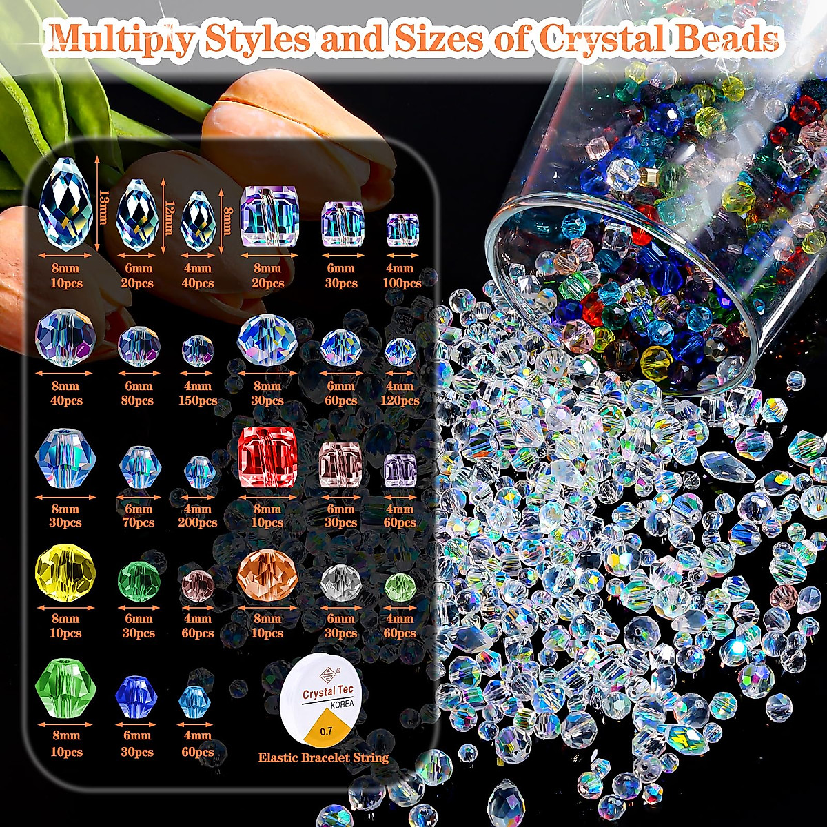 Qinzave 1401 Pieces Crystal Glass Beads for Jewelry Making Rondelle Shape Crystal Beads with Colorful Loose Beads, Assorted Crystal Faceted Beads for Bracelets, Necklace DIY Craft 4 mm 6 mm 8 mm