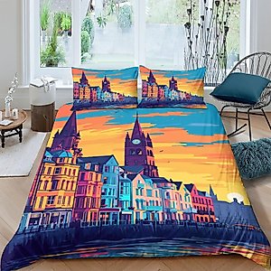 THUBDYEA Elizabeth Tower 3D Printedarchitecture Bedding Set Comforter Covers Duvet Cover Quilt Cover 3 Pieces with Pillowcases for Childrens and Adults Microfiber with Zipper Closure Twin（173x218cm）