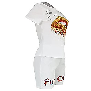 Esuo Women's 2 Piece T-Shirt Shorts Set Short Sleeve Casual Joggers Casual Sportswear Clubwear Hollow out White L