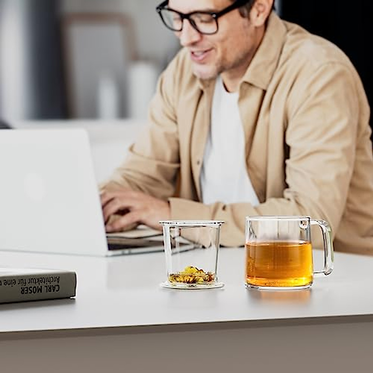 COPOTEA Glass TeaCup with Glass Infuser and Lid, 14.5oz/ 430ml Borosilicate Glass Tea Mug for Warmer Safe, Clear Teacup for Loose Leaf Tea, Blooming Tea