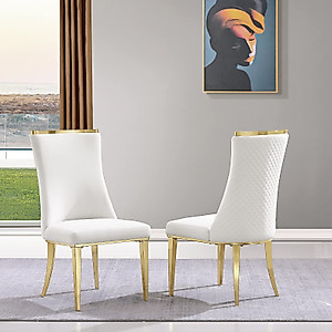 AZhome White and Gold Dining Chairs Set of 4, White Velvet Dining Room Chairs with Reticulate Texture Back and Metal Trim Top, Upholstered Chairs with Gold Stainless Steel Legs