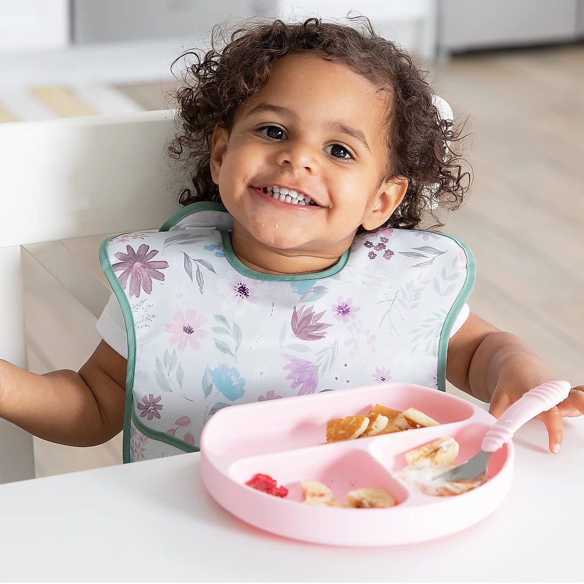 Bumkins Bibs for Girl or Boy, SuperBib Baby and Toddler for 6-24 Months, Essential Must Have for Eating, Feeding Set, Splat Mat for Under High Chair, Mess Saving, Waterproof Fabric, Floral Gray