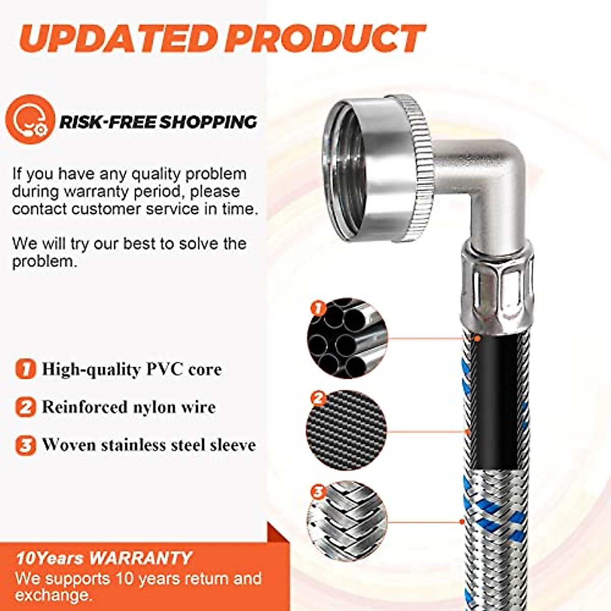 Beaquicy Washer Stainless Steel Hoses with 90 Degree Elbow - 4 Ft Long Red and Blue (2 Pack) Burst Proof - Hot and Cold Striped Water Supply Lines for Washing Machine - 10YEAR WARRANTY