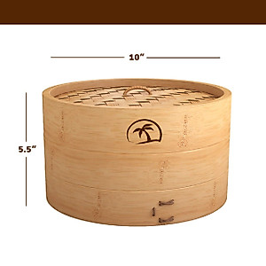 DEALZNDEALZ 3-Piece Bamboo Steamer Basket with Lid 10-inch 2-Tier, 50 Perforated Bamboo Steamer Liners with 2-Pairs of Bamboo Chopsticks