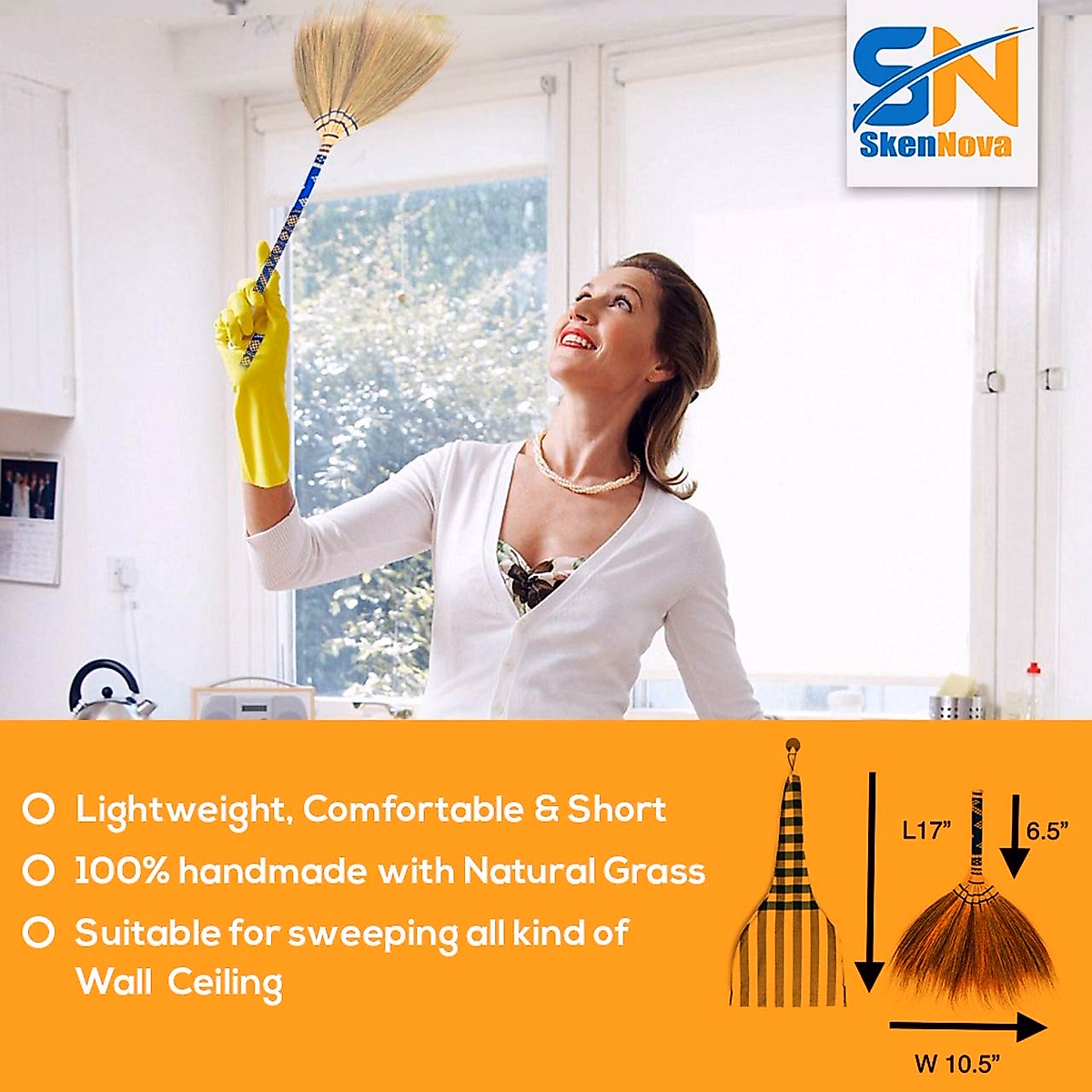 SKENNOVA - 1 Piece of 17 inch Tall of Asian Broom Thai Vintage Dusting Brush Grass Broom Handmade for Sweeping Dirt Dust Garbage