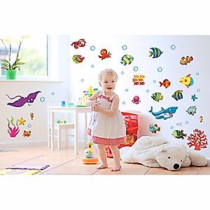 122 Pcs Under The Sea Fish Wall Decals for Kids and Toddlers' Bathroom and Nursery, Easy Peel and Stick Stickers with Turtles, Dophins, Corals, and More, Removable Ocean Themed Décor