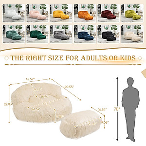 Fluffy Bean Bag Chair with Ottoman, Comfy Bean Bag for Adults and Kids, Ultra Soft Lazy Sofa Chair with Memory Sponge, Indoor Modern Accent Beanbag Chairs for Living Room, Bedroom, Apartment, Beige