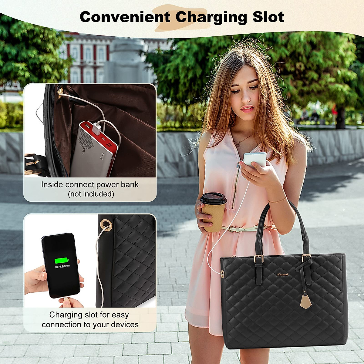 LOVEVOOK Laptop Bag for Women, Work Tote Bag Quilted Leather Computer Shoulder Bag, 15.6 inch Laptop Tote Purse Set, Waterproof Business Briefcase Handbag 2 PCS for Office,Teacher Black