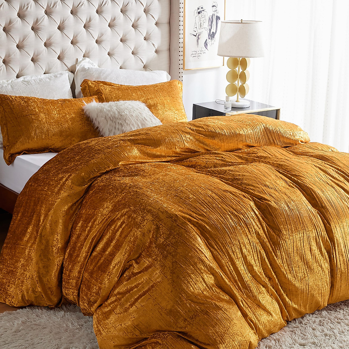 Bedsure Velvet Duvet Cover Set - Luxurious, Glossy King Size Duvet Cover Set, Honey Yellow Duvet Cover King Size with 2 Pillow Shams (Honey Yellow, King, 104 x 90 inches)