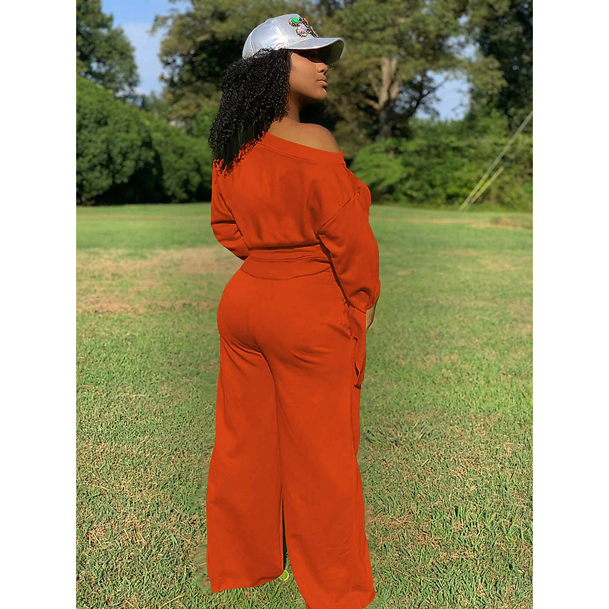 TOPSRANI Women's 2 Piece Outfits Casual Solid Sweatsuits Baggy Long Sleeve Loose Matching Wide Leg Tracksuit Pants Sets Orange L