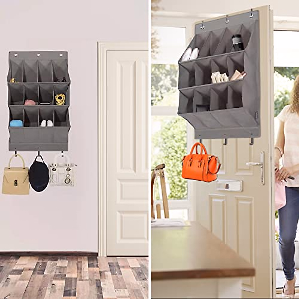 BestFire Over The Door Shoe Organizers, Large Hanging Shoe Organizer with 24 Pockets, Oxford Cloth Shoe Storage Organizer for Men Women Kids Shoe Storage, Grey, 2 Pack