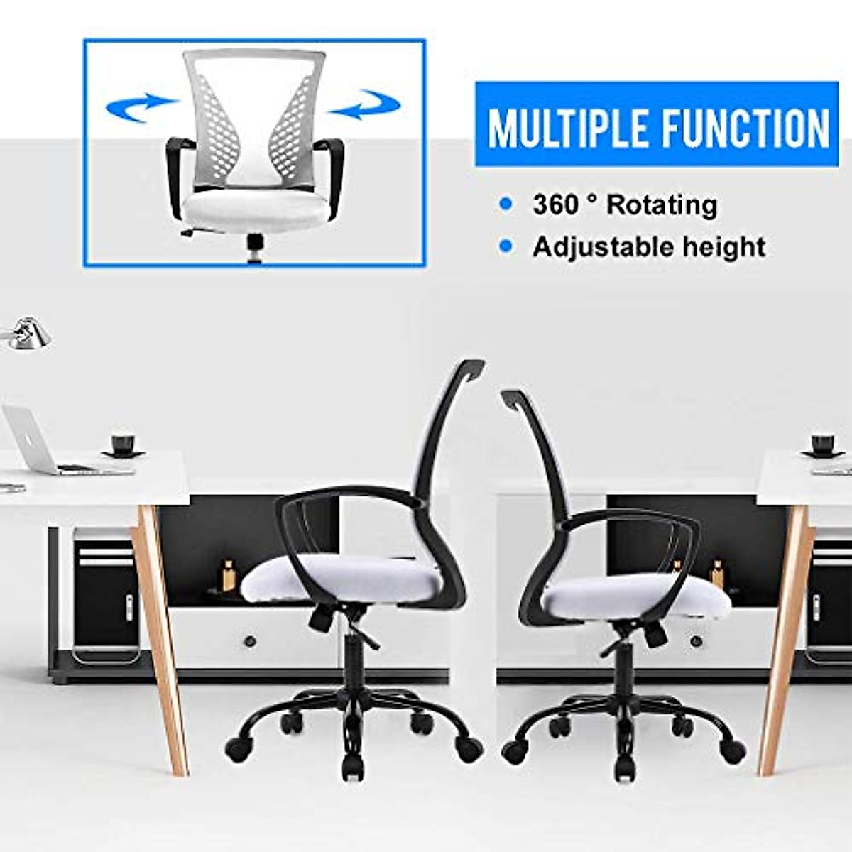 Home Office Chair Ergonomic Desk Chair Mesh Computer Chair with Armrests Comfortable Seat & Back Swivel Rolling Tasking Chair with 360° Quiet Rotating Wheels for Adults, Teens, Kids,White, BHP-GF4