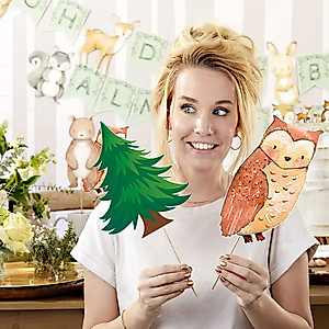 yuuzue 24pcs Woodland Animals Cake Topper, Baby Shower Decorations, Double-Sided Printed Forest Friends Centerpiece Sticks for Wild One Camping Party Supplies