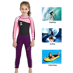 Kids Girls 2.5mm Wetsuit Long Sleeve One Piece Dive Skin UV Protection Thermal Swimsuit for Diving Snorkeling Swimming 10-11 Years Pink