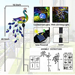 DREAMSOUL Solar Garden Lights Outdoor, Metal Peacock Decor Solar Lights Garden Stakes with Led String Lights, Waterproof Crackle Glass Ball Landscape Path Light for Lawn Patio Yard Garden Decorations