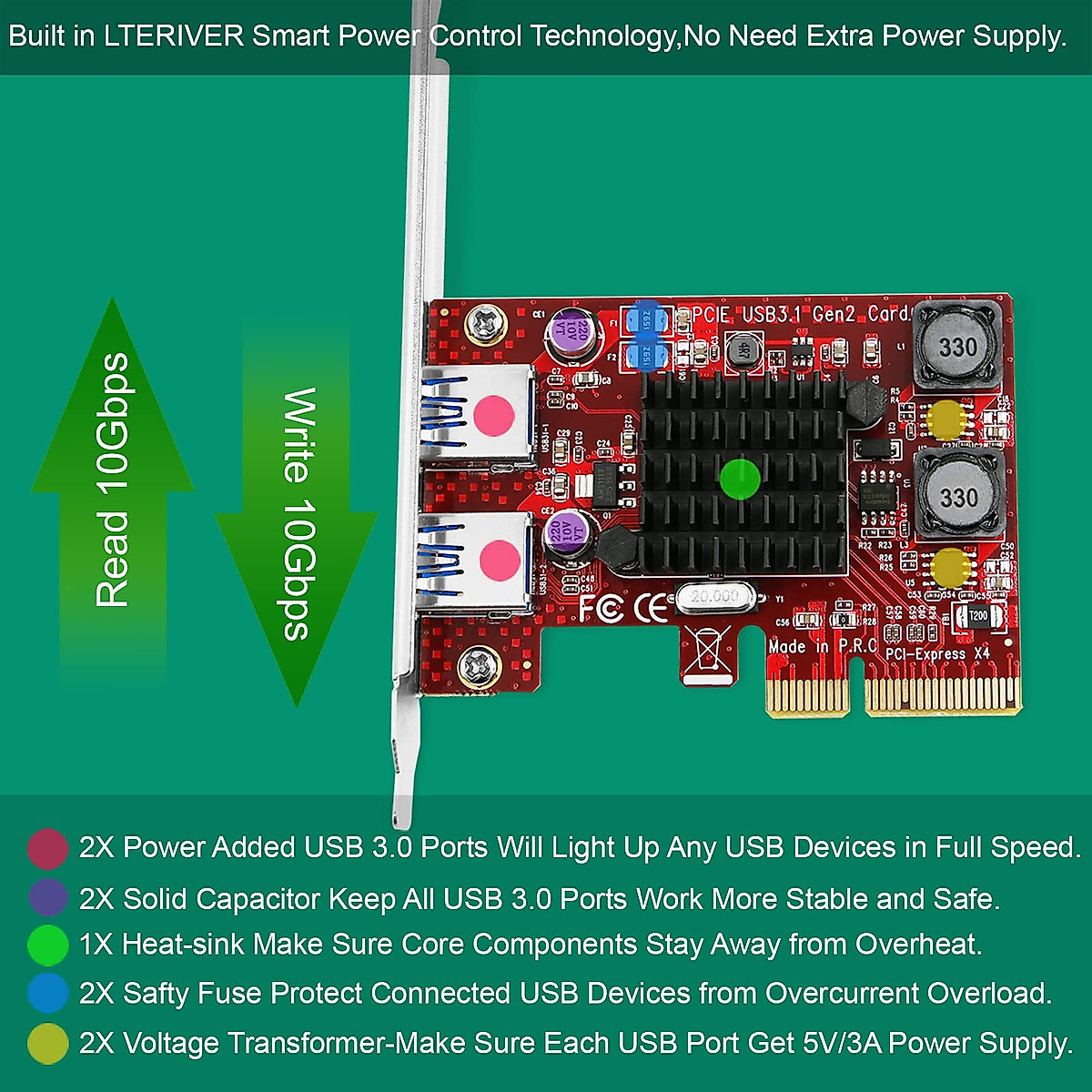 PCIE to 2 USB 3.1 GEN2 Type A 10Gbps Ports Expansion Card for Windows 7, 8.1, 10, 11 (32/64) and MAC OS 10.9,10.10,10.12,10.13,10.14,10.15 PCs, Built in Smart Power Control Technology (PCE-U312A)