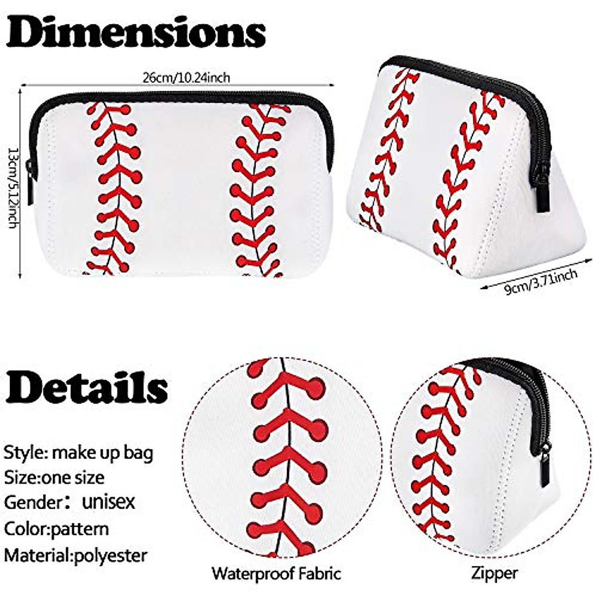 Boao 2 Pieces Softball Bag Softball Print Makeup Bag Baseball Travel Cosmetic Waterproof Pouch with Zipper(10.24 x 5.12 x 3.7 Inch,White)