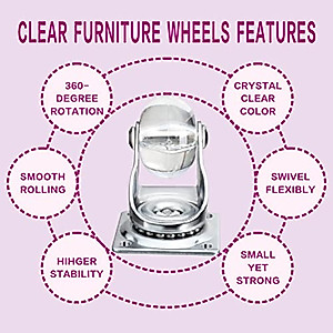 JGJC Caster Wheels 1.5 inch (d=1-3/8", h=2"), Furniture Small Casters Set of 4, Polyurethane Swivel Castor Wheels for Furniture, Cabinet, Clear Wheels Square Plate (1-5/8"×1-5/8"), Load 360 lbs