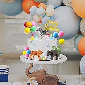 Safari Animal Cake Toppers with Mini Birthday Party Hat Color Balls Cake Decorations for Jungle Wild Themed Baby Shower Birthday Party Supplies