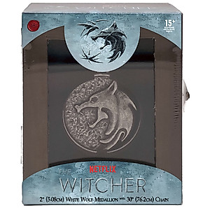 JINX Netflix's The Witcher White Wolf Medallion Necklace + Wooden Collector Box, Authenic Show Replica