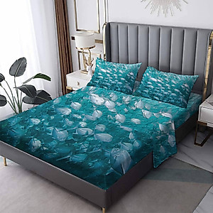 Fish Sheets Full Size, Underwater Bed Sheets, Patterned Bedding Sheets & Pillowcases 4 Piece Set - Soft Microfiber Deep Pocket Fitted Sheet & Flat Sheet & 2 Pillow Cases K2-&-292