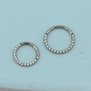 OUFER Titanium Daith Earring Hoop Solid G23 Cartilage Tragus Helix Rings 16G Titanium Septum Piercing Jewelry Hinged Segment Hoop With Clear CZ Paved
