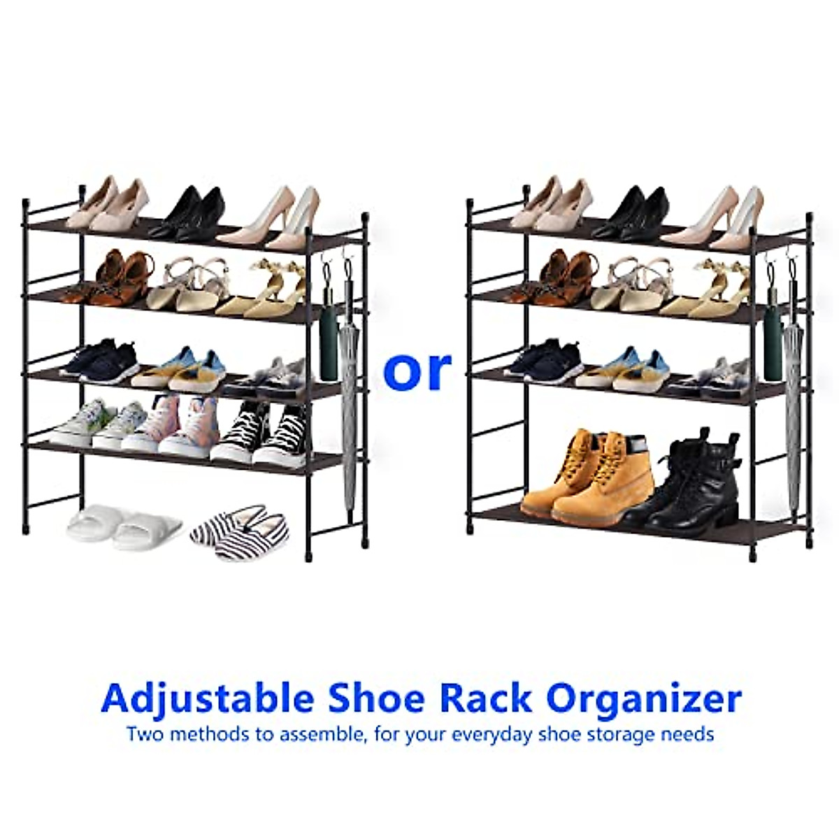 smusei Shoe Rack for Entryway 4 Tier Freestanding Adjustable Expandable Sturdy Closet Fabric Shoe Rack Storage Organizer with 2 Metal Hooks for Home, Dorm, Hallway, Bronze
