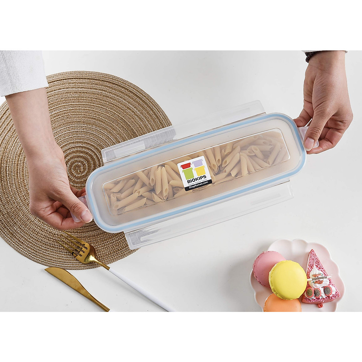 Komax Biokips Pasta Storage Containers Set of 4 – BPA-Free Rectangular Plastic Containers with Lids – Microwave & Dishwasher Safe Airtight Containers – Noodle, Pasta, & Spaghetti Container (33 oz)