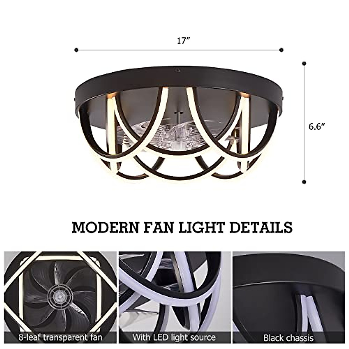 Ceiling Fan with Lights Flush Mount Ceiling Fan with Remote Control, 17 Inch Industrial LED Low Profile Ceiling Fan with Lights 3-Color Dimming for Bedroom Kitchen Dining Living Room