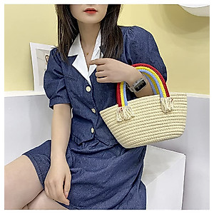 Motleader Woven tote bags Beach bags Rainbow cotton yarn woven picnic basket
