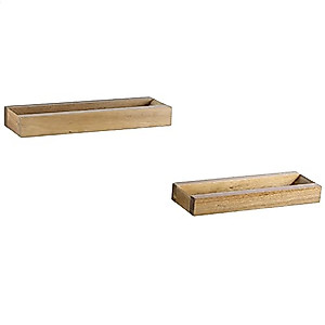 MyGift Natural Solid Acacia Wood Vinyl Album Record Holder Storage Shelf, Wall Display Rack with Angle Design, Set of 2