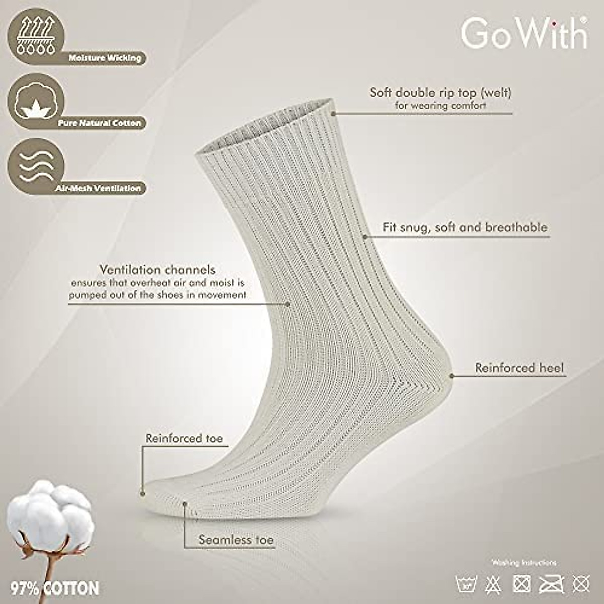 GoWith 5 Pairs Unisex Natural 97% Cotton Crew Socks, Comfy Cozy Breathable Seamless Casual Socks for Men & Women, Ecru, X-Small, Model 3013