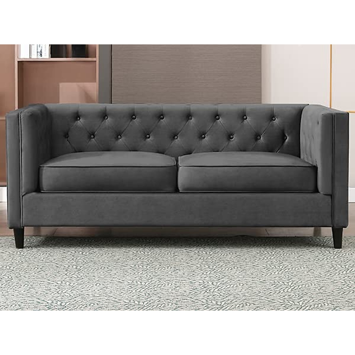 BALUS Button Tufted Upholstered Sofa, Modern Velvet Couch with Solid Wood Construction, Classic Chesterfield, 2 Seater Sofa Couch, Couches for Living Room/Apartment/Office/Bedroom Furniture,Dark Grey