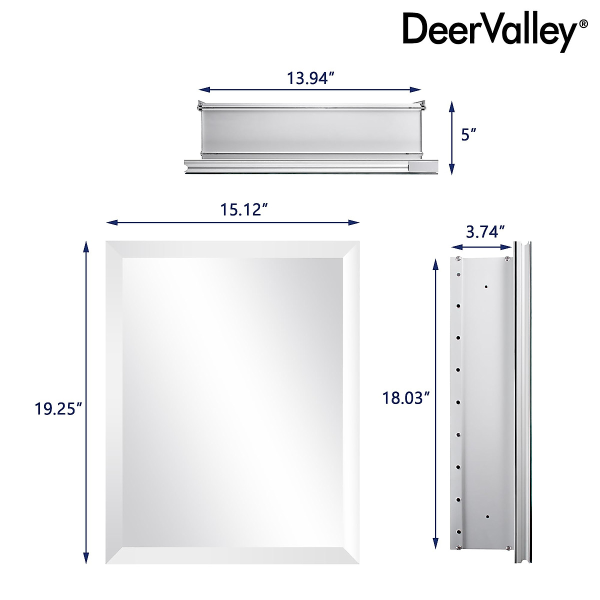 Deer Valley Medicine Cabinet with Mirrors, 15" x 19" Recessed Vanity Mirror for Bathroom, Wall Cabinet with Double Sided Mirror Frameless Rectangle, Adjustable Glass Shelves
