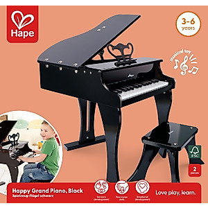 Hape Classic Grand Black Piano| Thirty Key Wooden Keyboard Musical Toy Set for Kids Age Year 3 and up