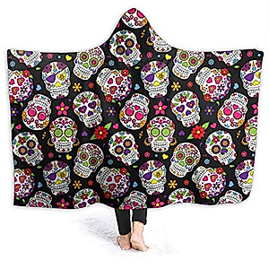 JASMODER Sugar Skull Hoodie Blanket Wearable Throw Blankets for Couch Blanket Hooded for Baby Kids Men Women