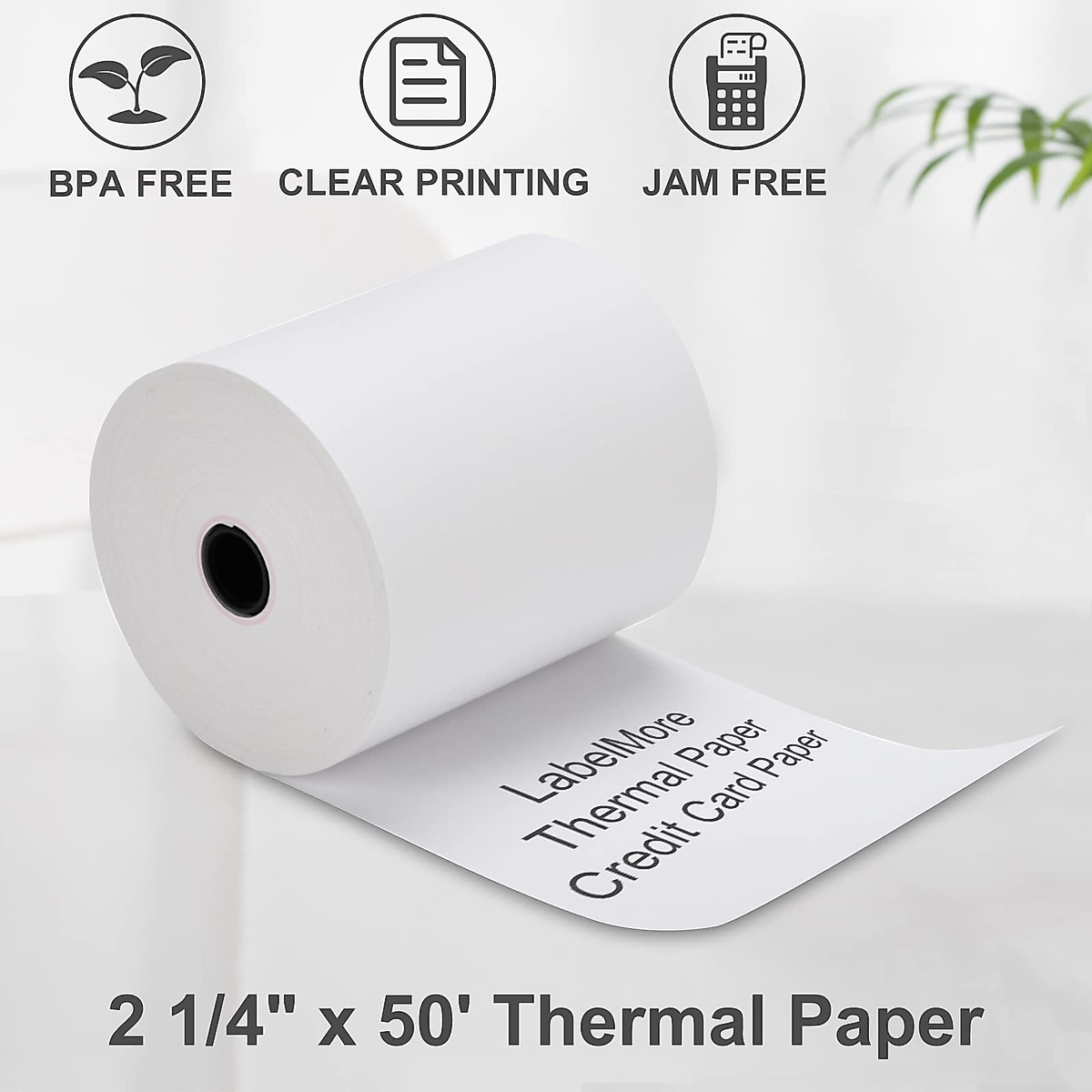 (50 Rolls) LabelMore 2 1/4" X 50' Thermal Paper Rolls, Credit Card Paper Rolls Thermal, Cash Register Roll, Premium Pos Thermal Printer Paper