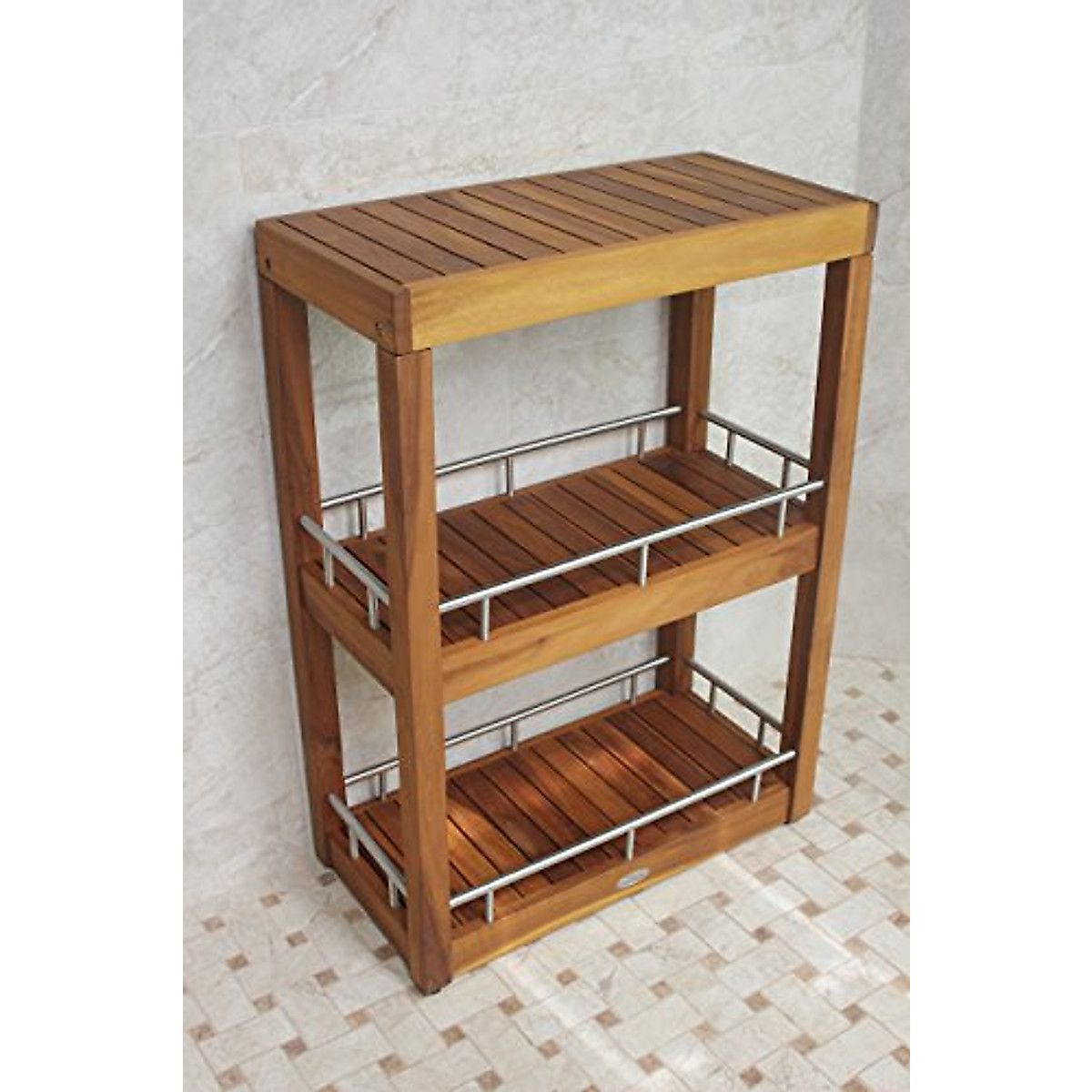 AquaTeak Patented Sula Rectangle Three Tier Teak & Stainless Bath Stand